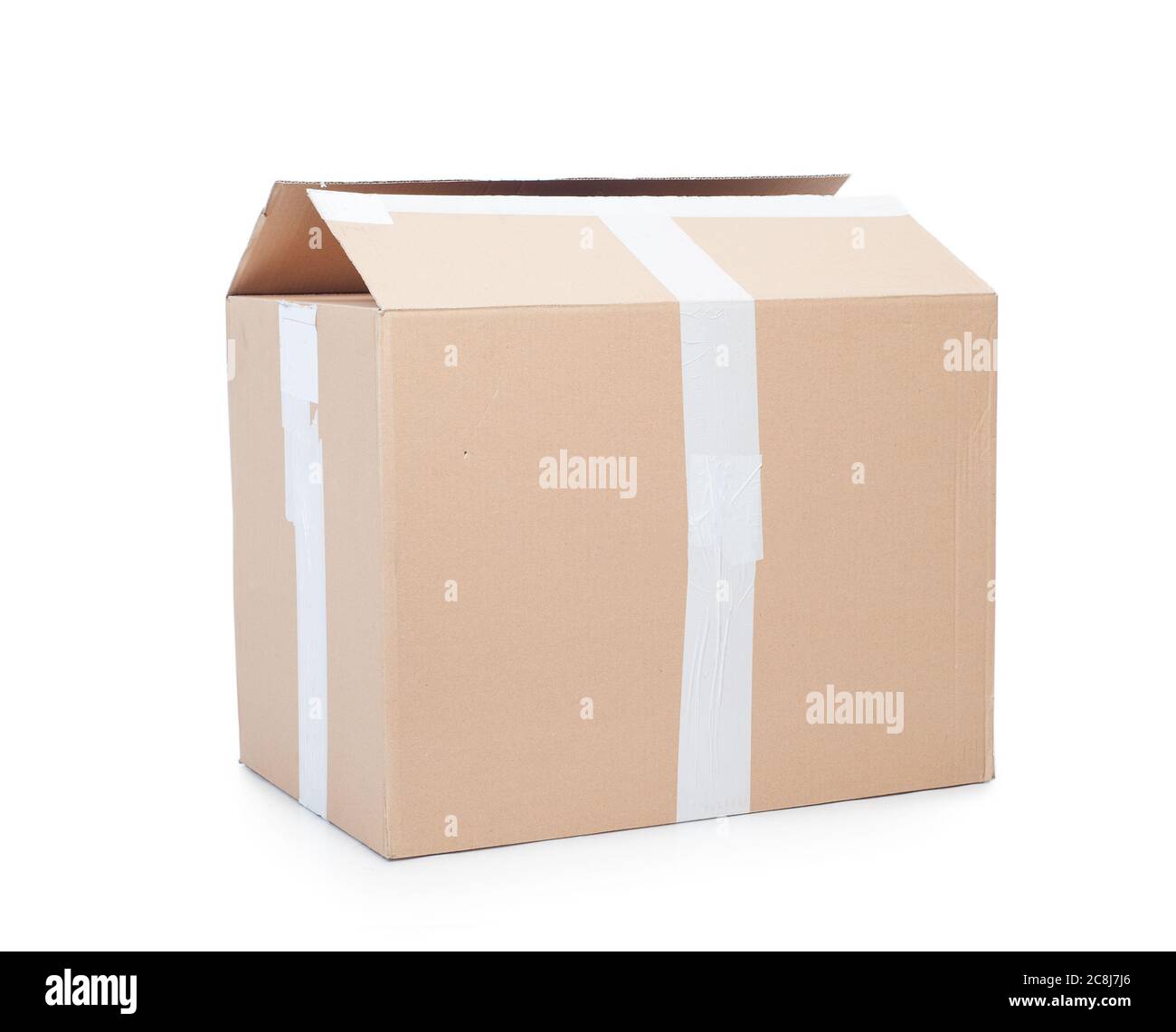 Open used cardboard box isolated on white background Stock Photo - Alamy