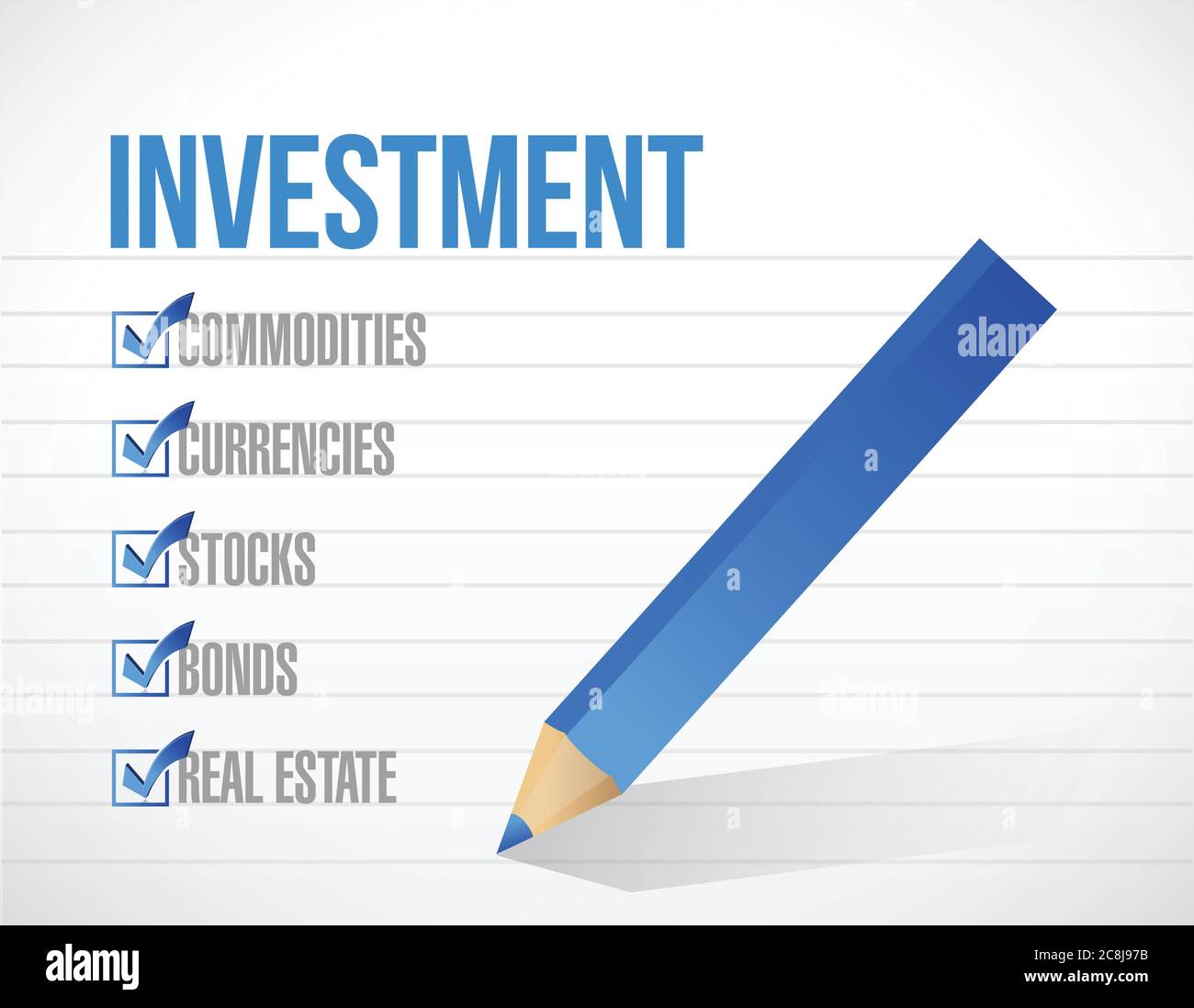 Investment check list illustration design over a white paper background ...