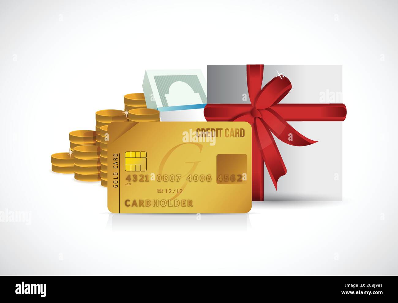 Credit card money and present illustration design over a white ...