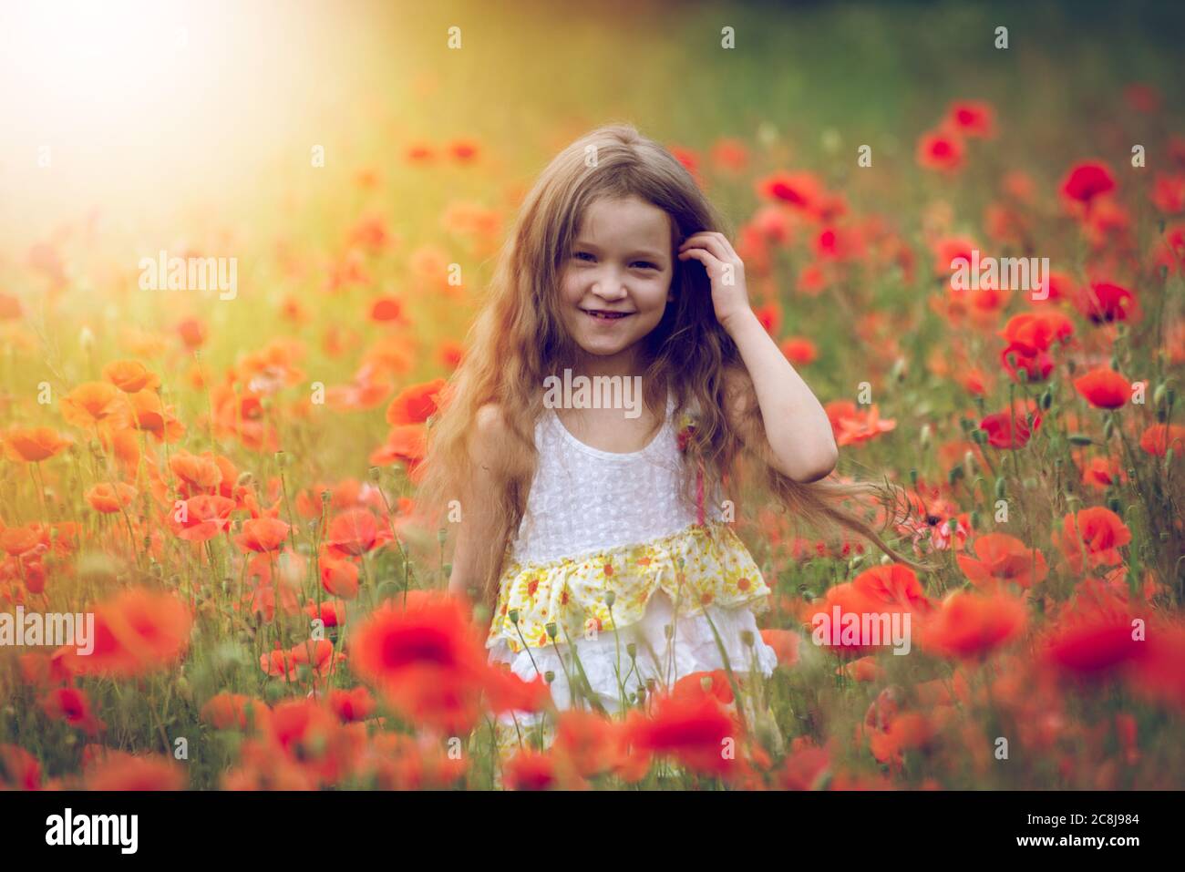 Adorable girl 6 years old in a bright poppy field. Portrait of a cute ...