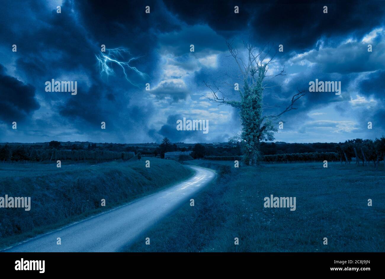 Blind bend road tree dramatic thunderstorm and lightning concept Stock ...