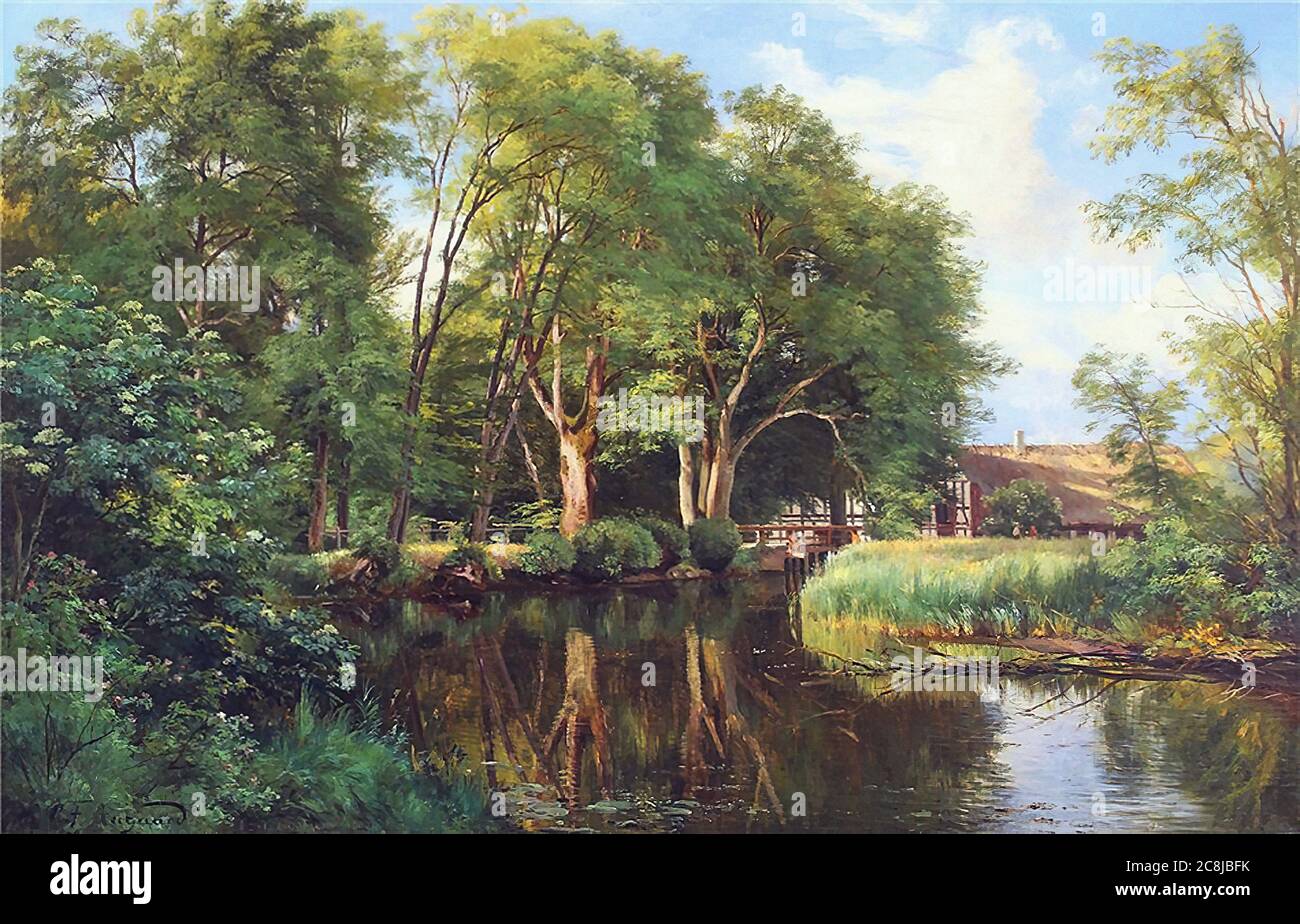 Aagaard Carl Frederik - Forest Scenery with a House by a Stream ...