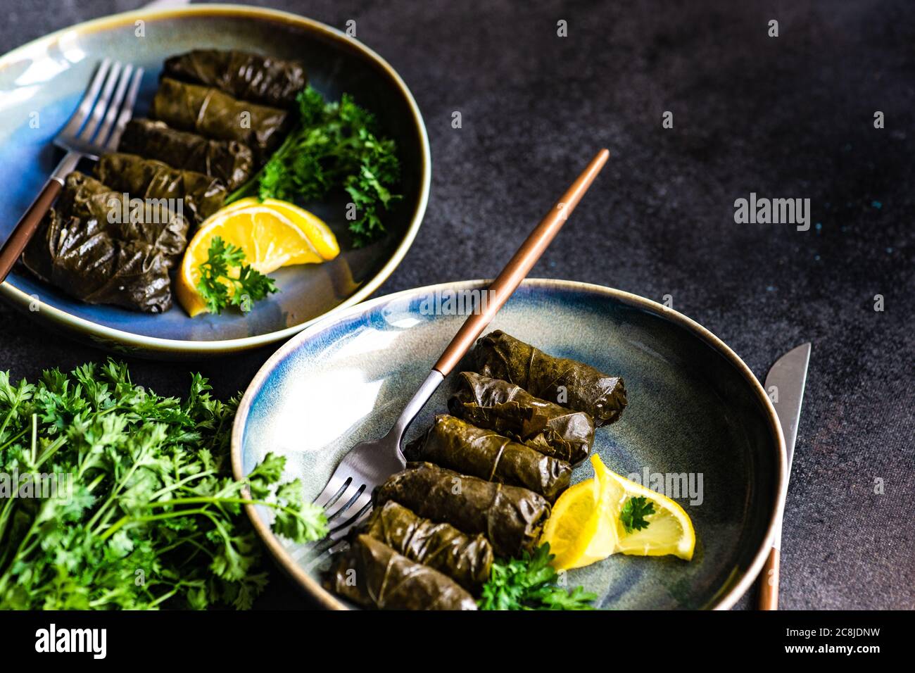 Traditional georgian tolma in vine leaves on rustic background with ...