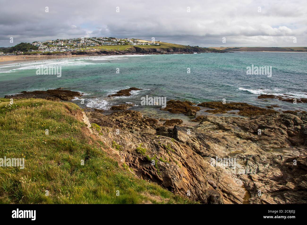 New Polzeath- Beautiful view with the waves at sea in Cornwall Stock ...