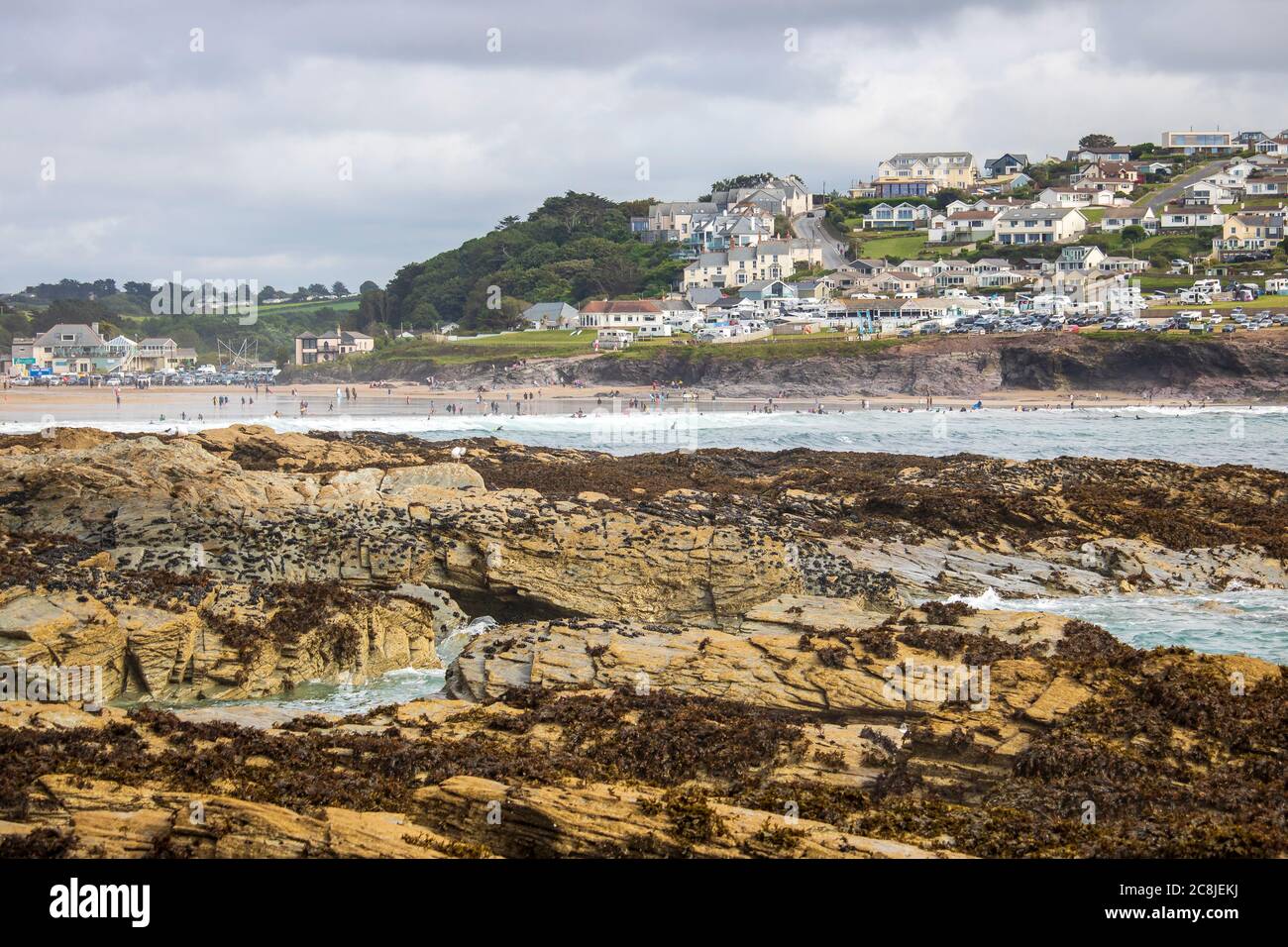 New Polzeath- Beautiful view with the waves at sea in Cornwall Stock ...