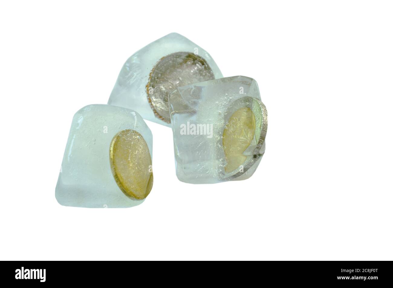 coin freezing in ice cube on white background Stock Photo - Alamy