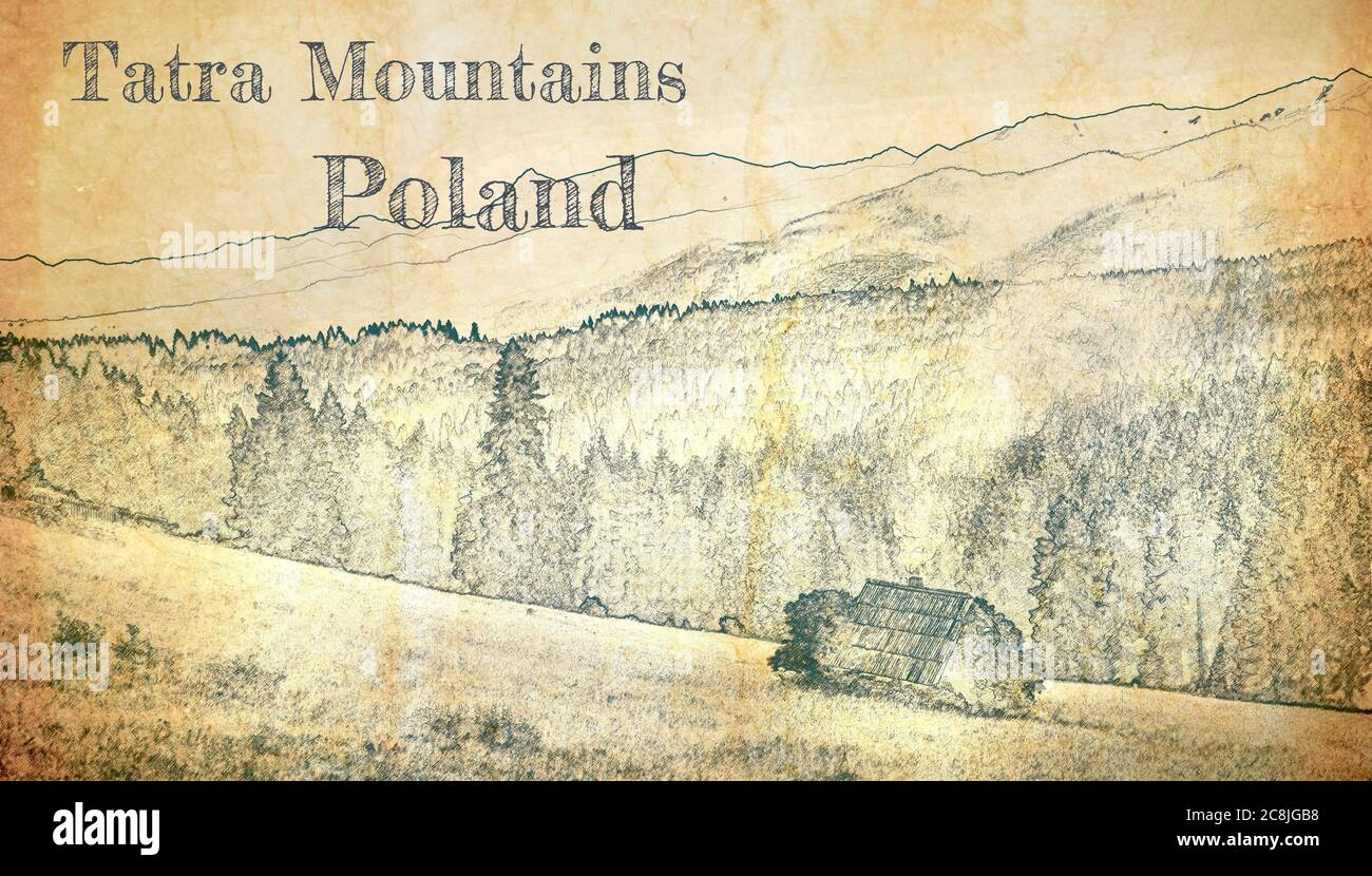 Wooden cottage in Tatra mountains, sketch on old paper Stock Photo - Alamy