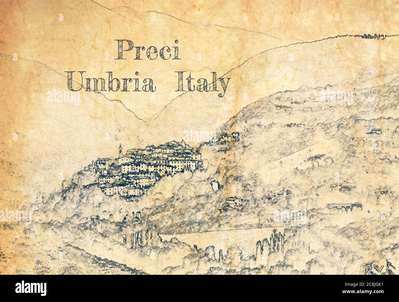 Sketch of village Preci in Umbria, Italy Stock Photo - Alamy