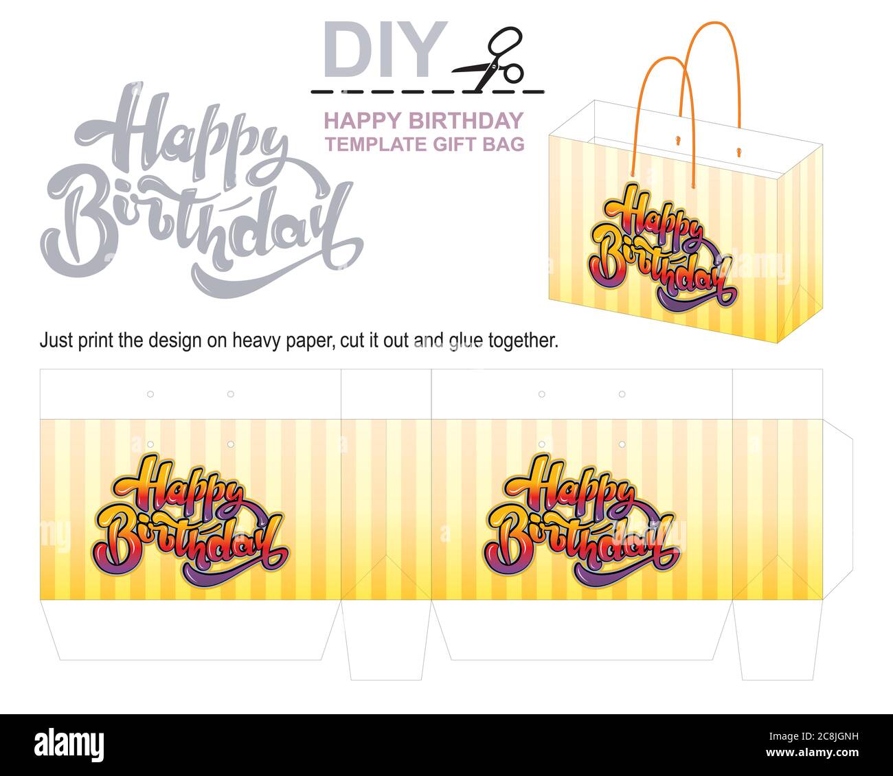 Happy Birthday. Gift paper bag template, present bag. Beautiful ...