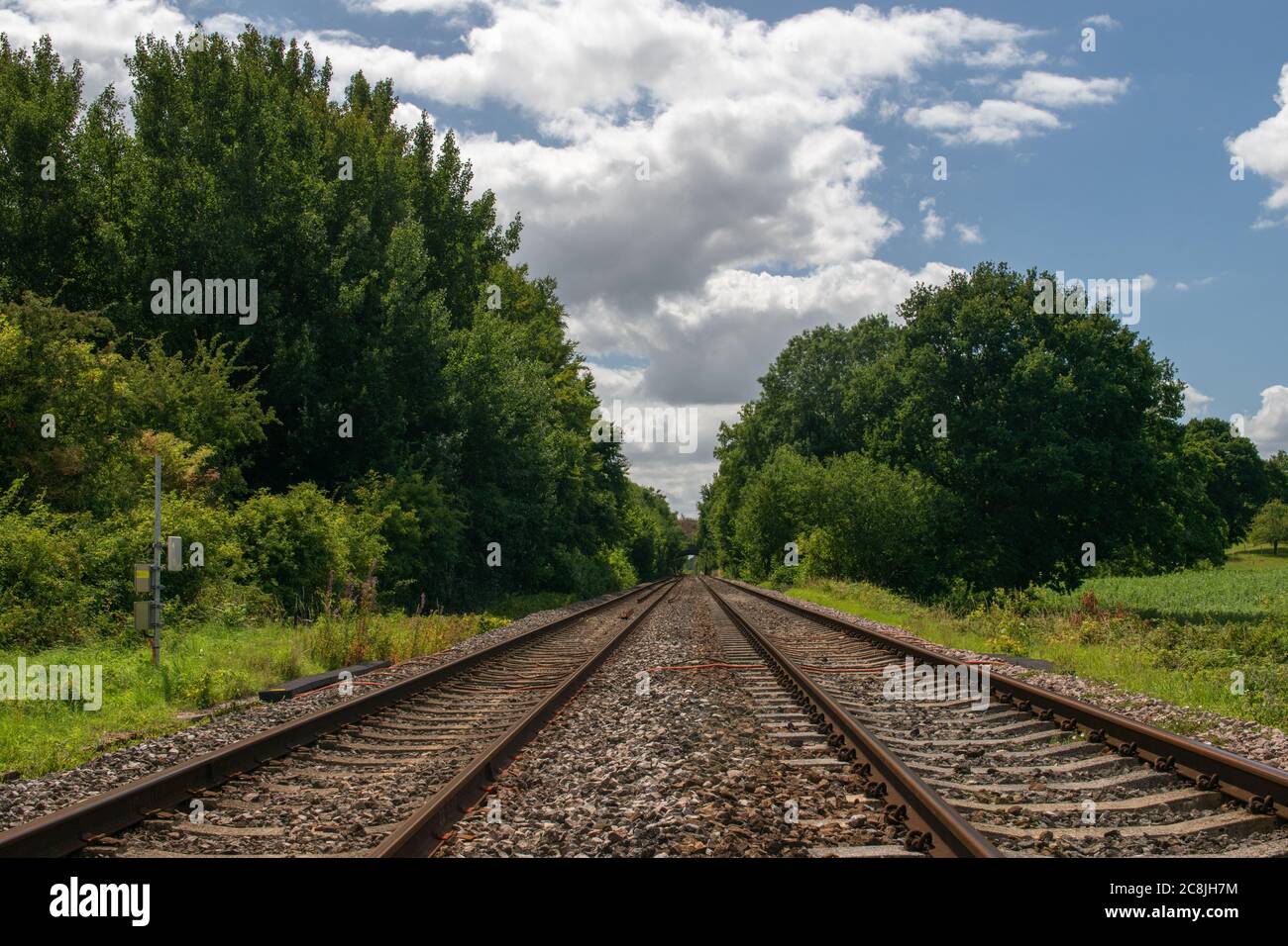 Perspective view up a twin track railway from ground level in the ...