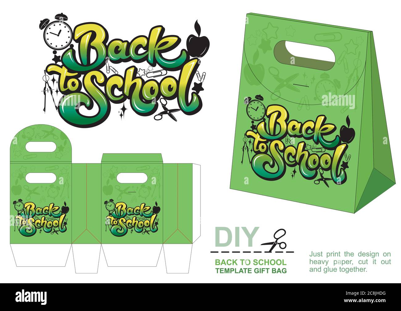 Back to School. Gift paper bag template, present bag. Beautiful ...
