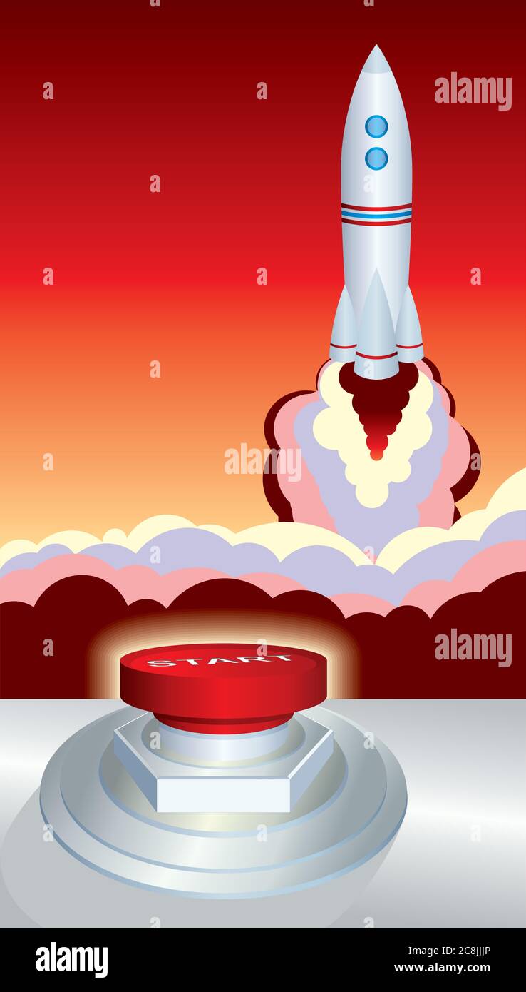 Launch of a space rocket, presses start button to launches a space ...