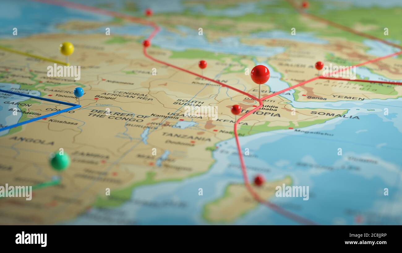 Location marking with a pin on a map with routes. Adventure, discovery ...