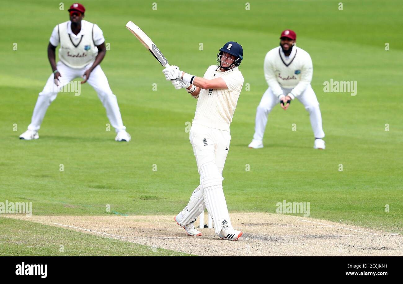 England's Stuart Broad hits a six as he bats during day two of the ...