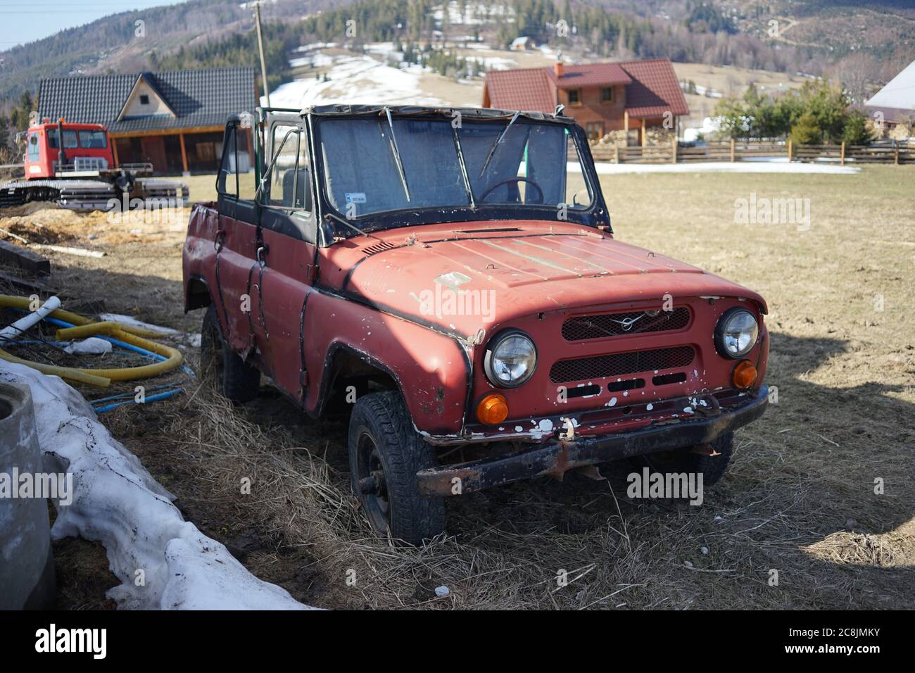 WISłA, POLAND - Mar 23, 2019: Old rusty UAZ left somewhere in the ...