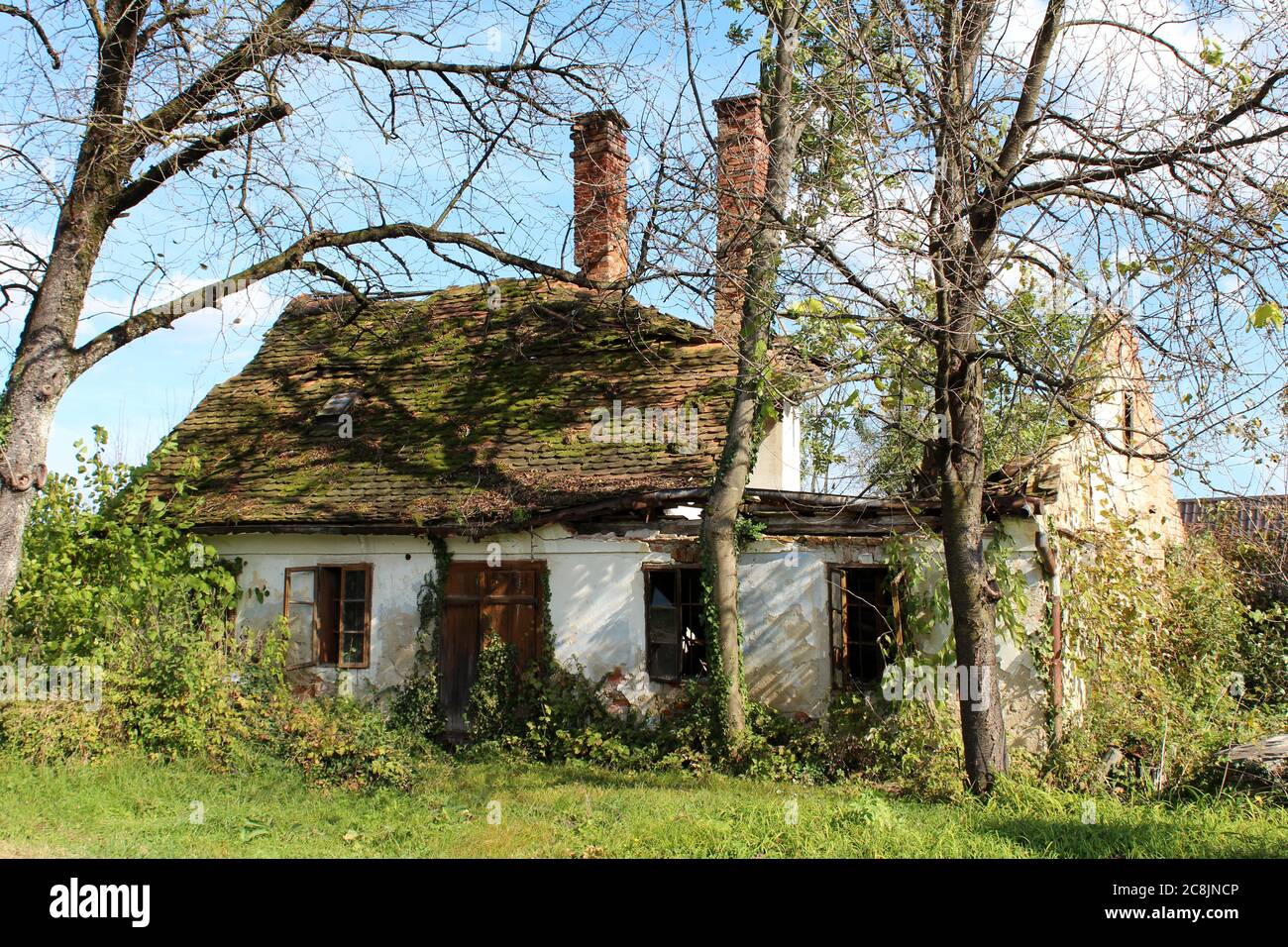 Ruins of small old abandoned suburban family house with destroyed roof partially covered with ...