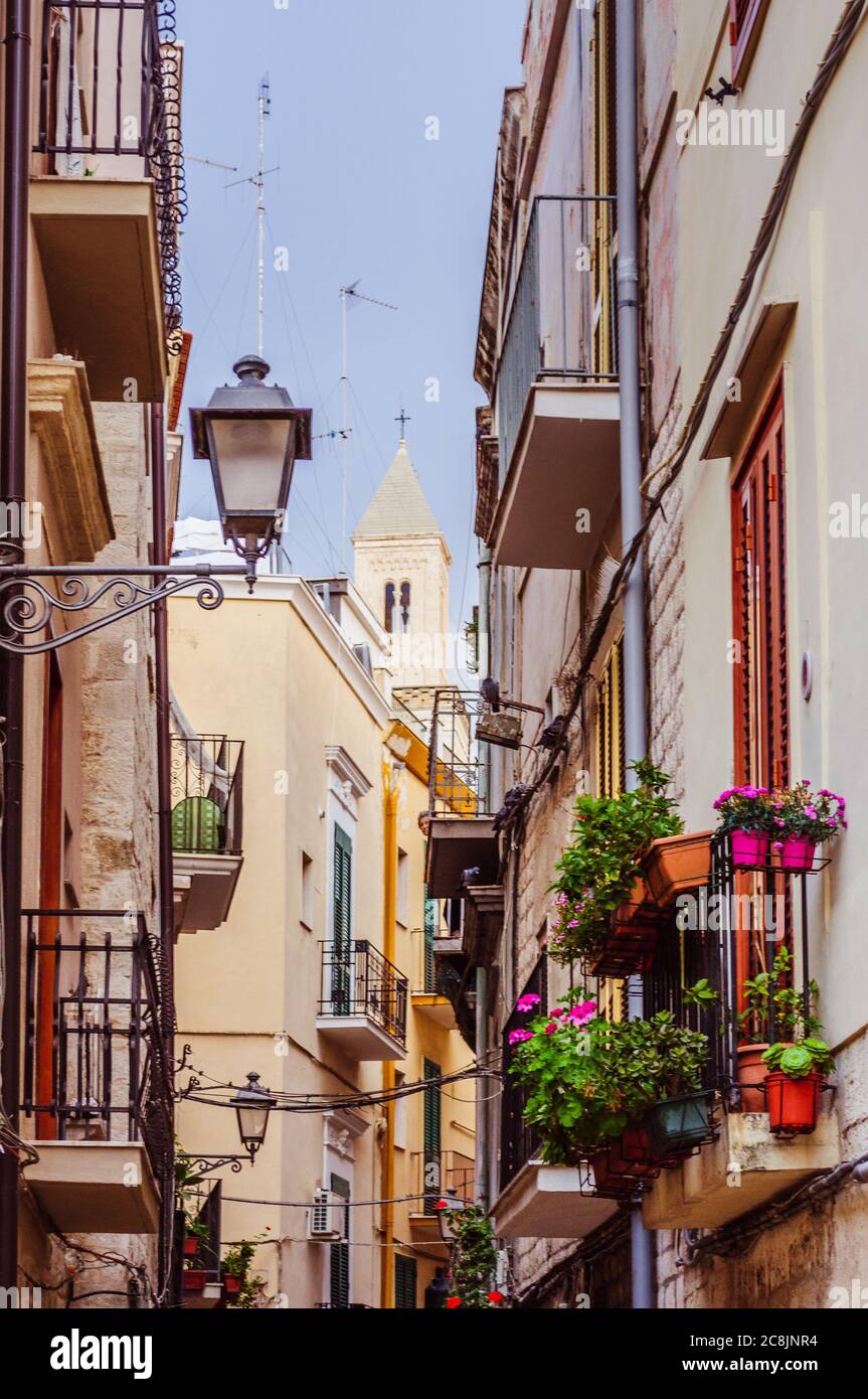 Italian buildings extremely close to each other with small balconies ...