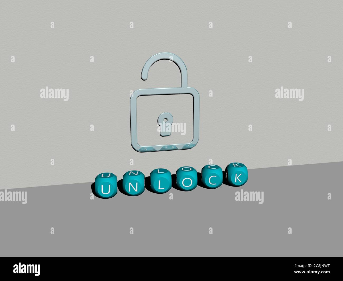 3D representation of unlock with icon on the wall and text arranged by ...
