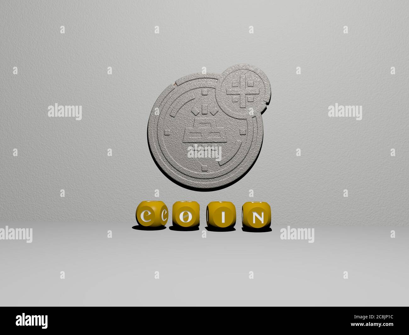 3D graphical image of COIN vertically along with text built by metallic ...