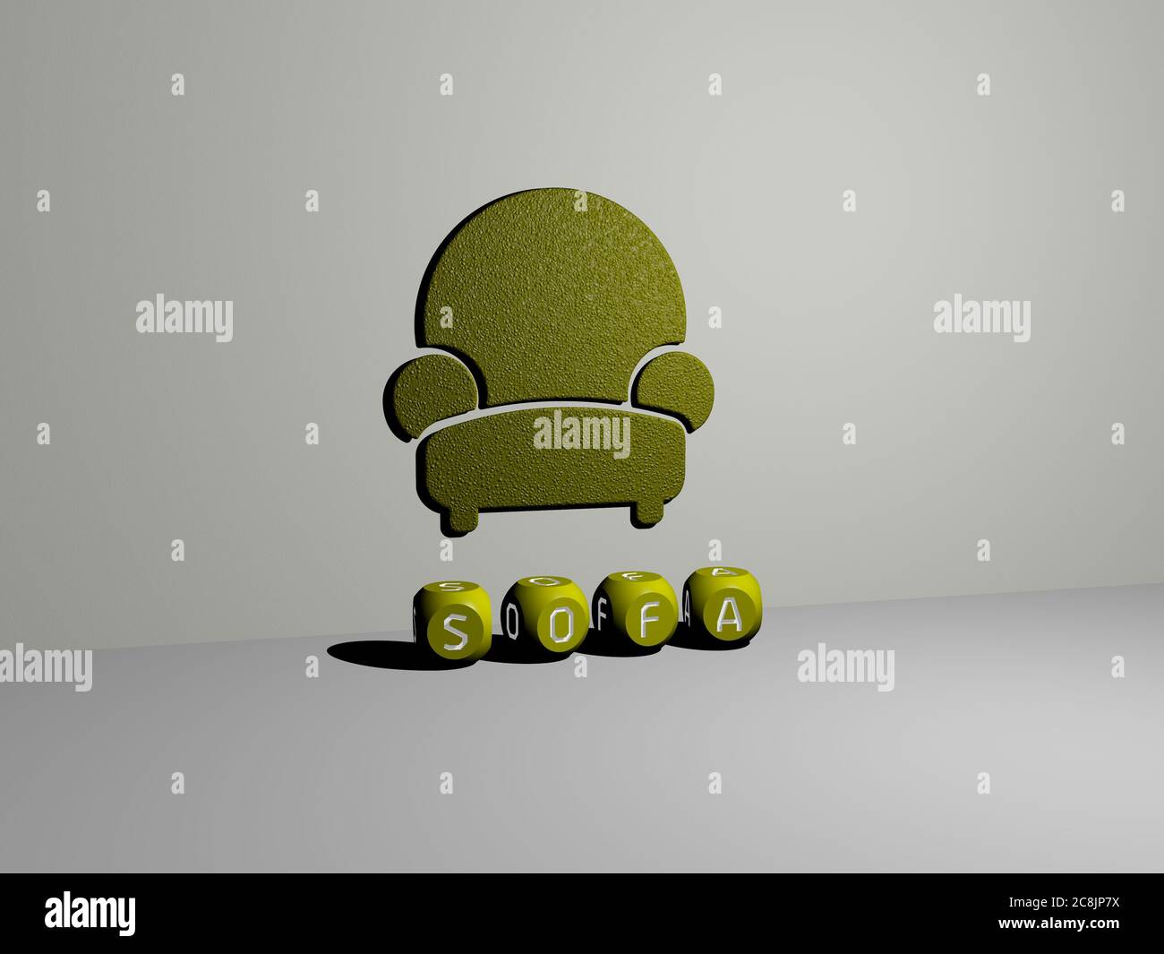 3D illustration of sofa graphics and text made by metallic dice letters ...