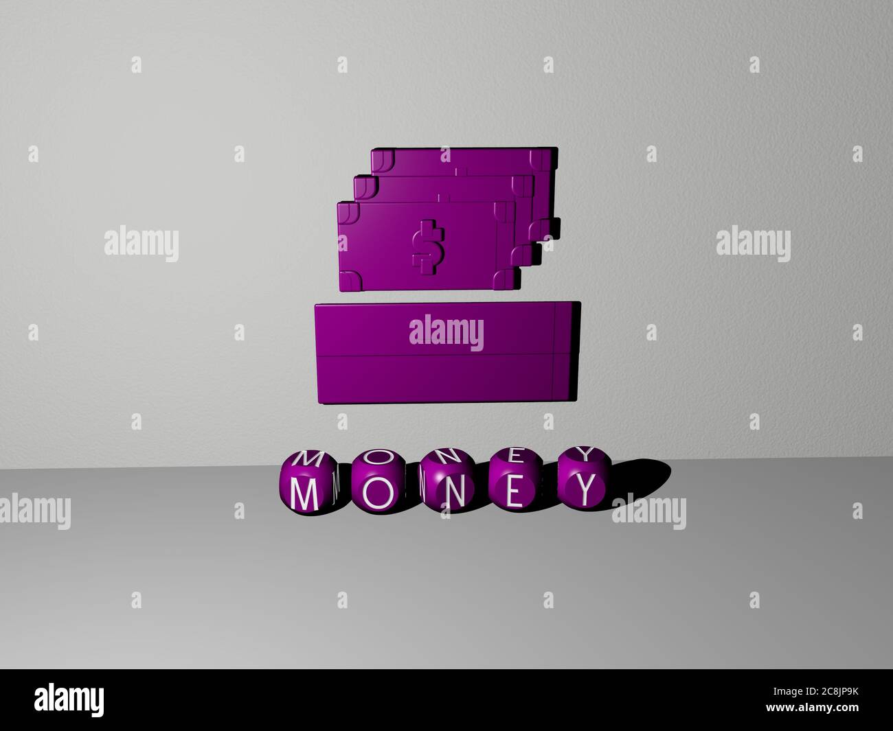 3D illustration of money graphics and text made by metallic dice ...