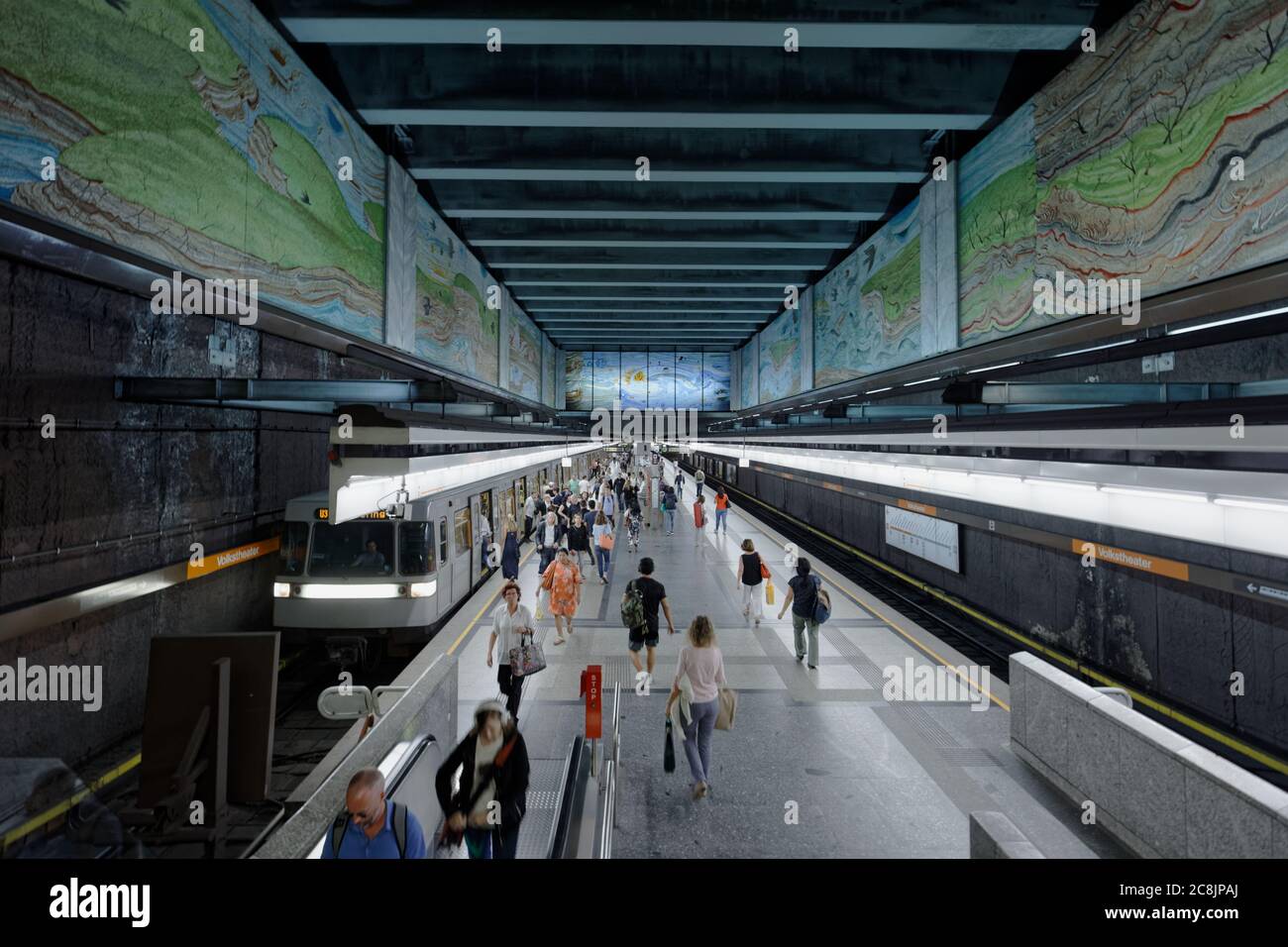 Vienna, Austria: Train traffic on Volkstheater U-bahn station. This ...