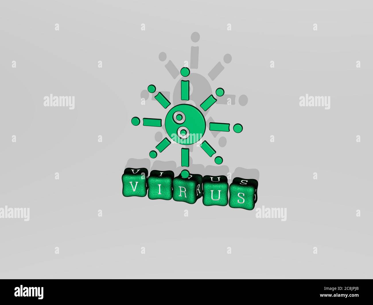 3D illustration of VIRUS graphics and text made by metallic dice ...
