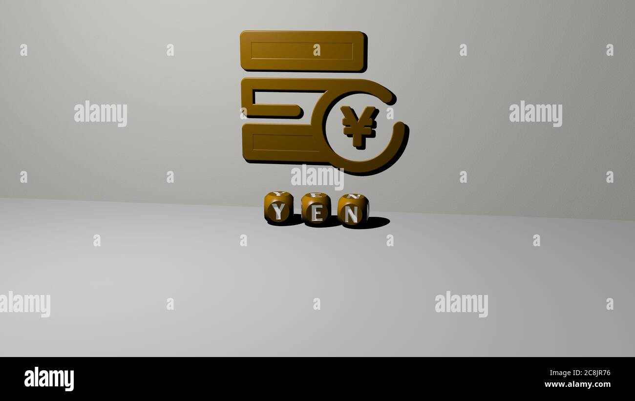3D illustration of YEN graphics and text made by metallic dice letters ...