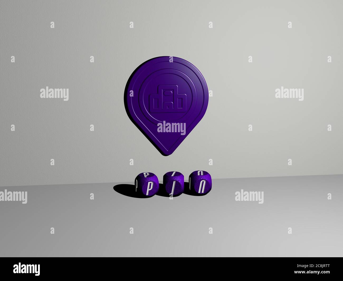 3D graphical image of pin vertically along with text built by metallic ...