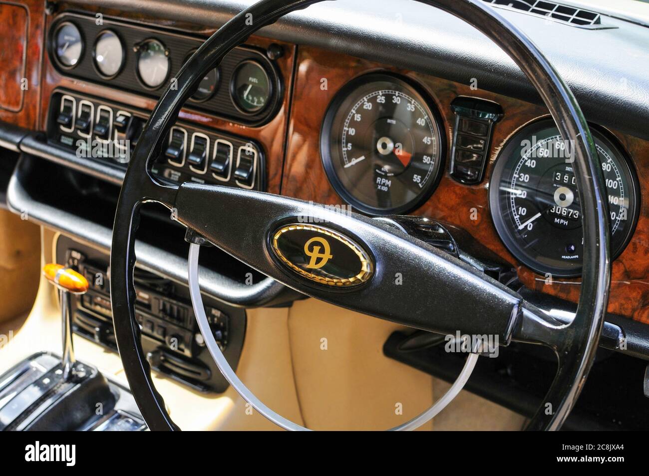 Close up detail of steering wheel and dashboard of a Daimler Sovereign ...