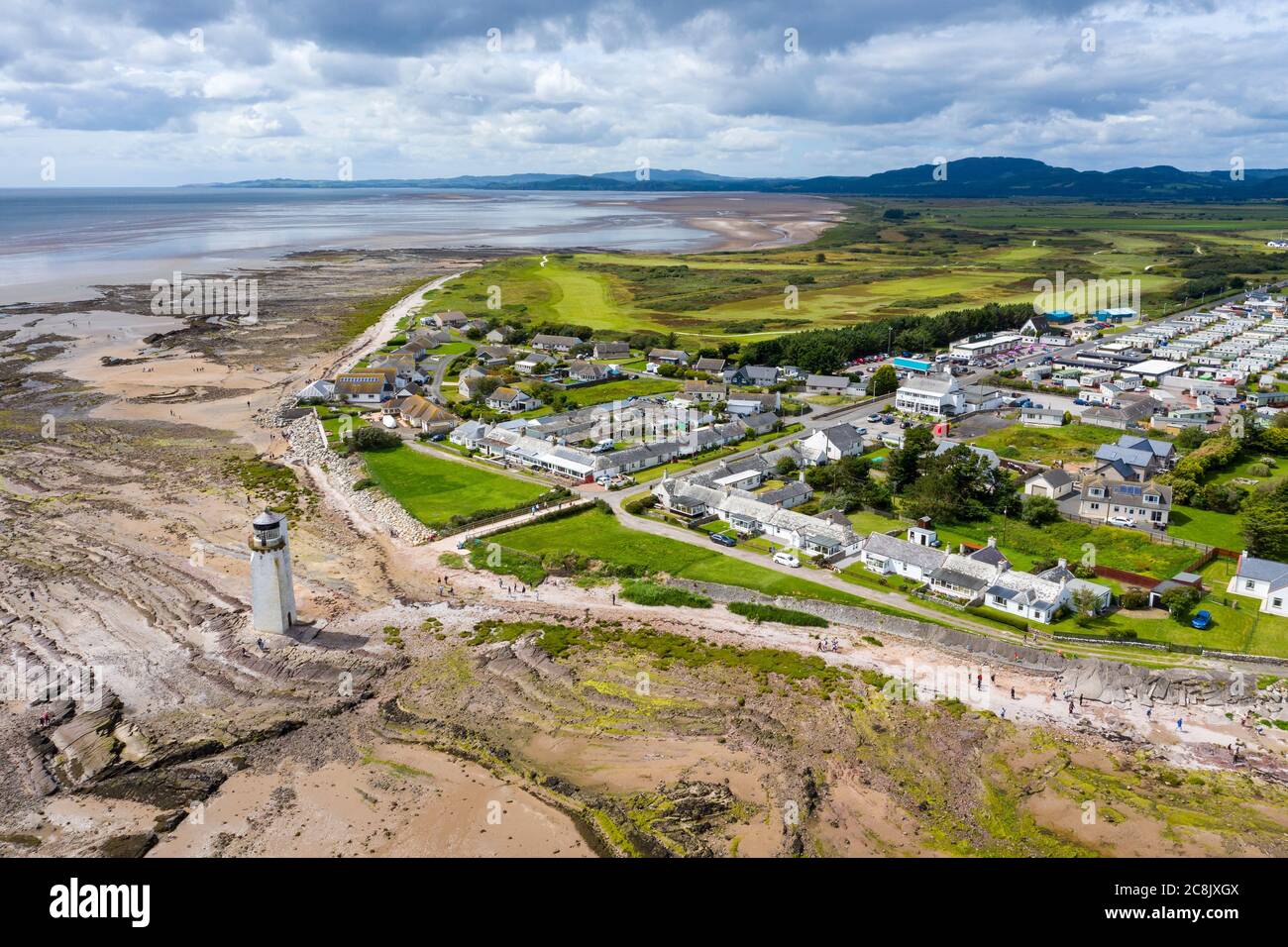 Aerial view of Southerness lighthouse and holiday park, Dumfries ...