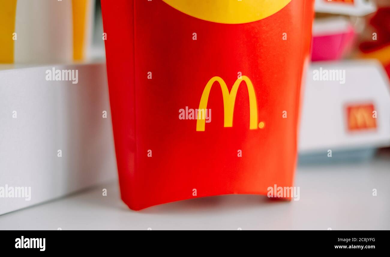 McDonald's logo on company production boxes. Close up Stock Photo - Alamy
