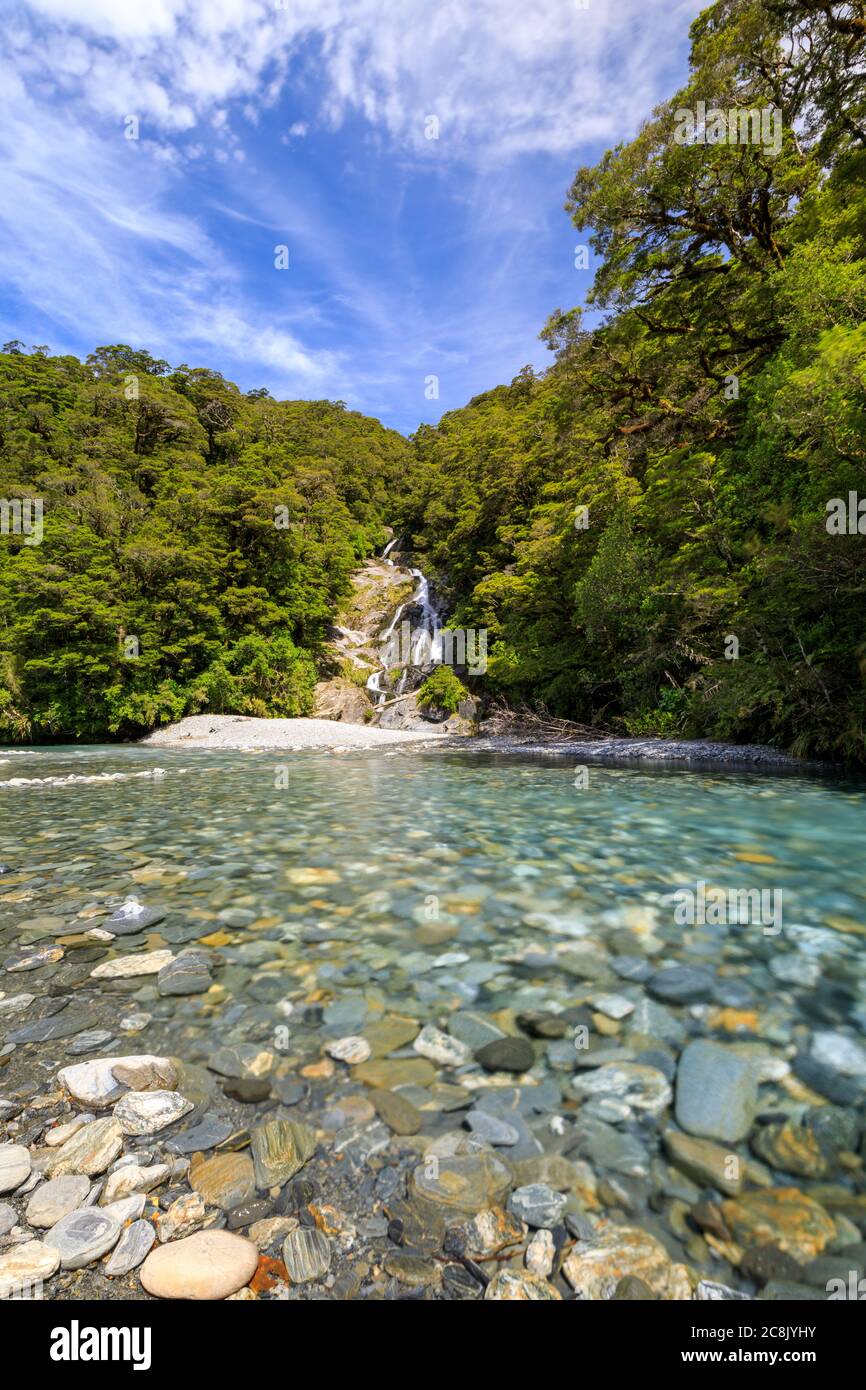 The Fantail Falls, waterfall, in the Haast Pass flowing into the Haast ...