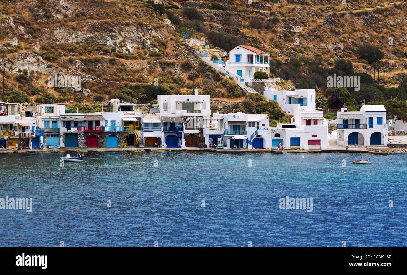 Fishermen's boat hangars, Milos, Greece Stock Photo - Alamy