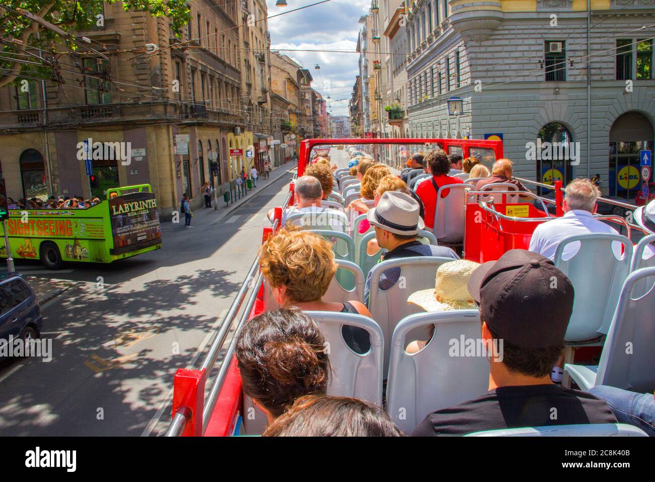 Budapest, Hungary- July 20, 2017: Tourists in a double-decker bus hop ...