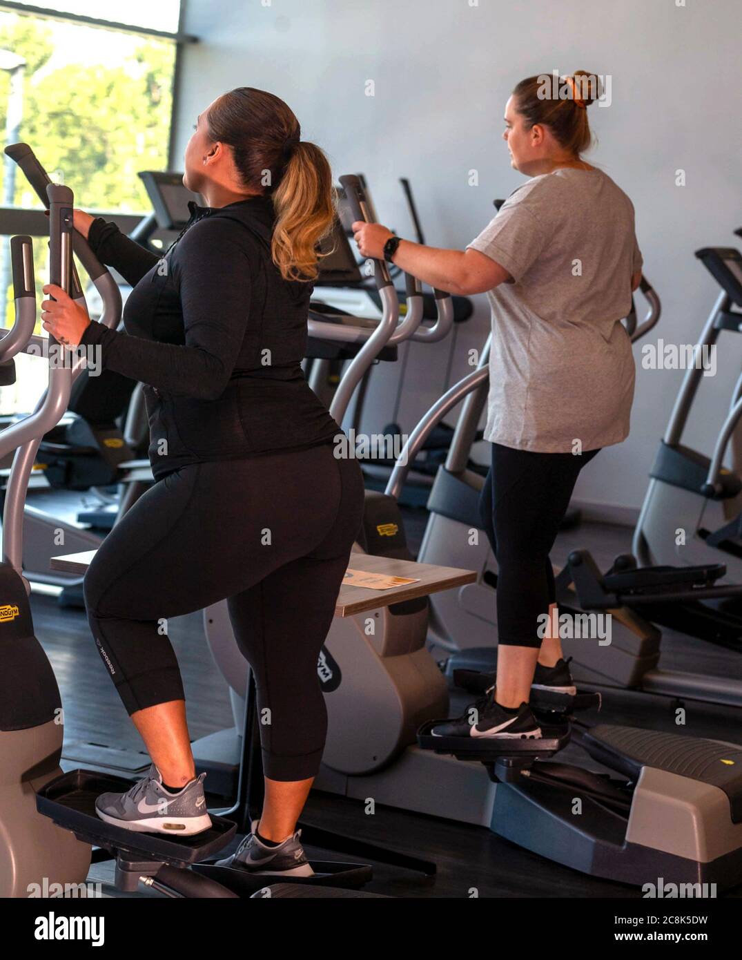 two women on step machines in gym Stock Photo - Alamy