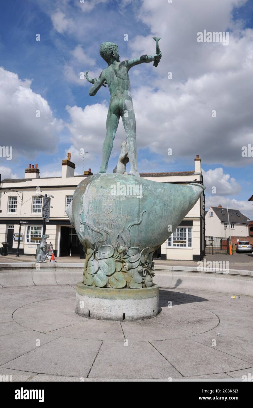 Statue of young boy hoding fish, Braintree, Essex Stock Photo - Alamy