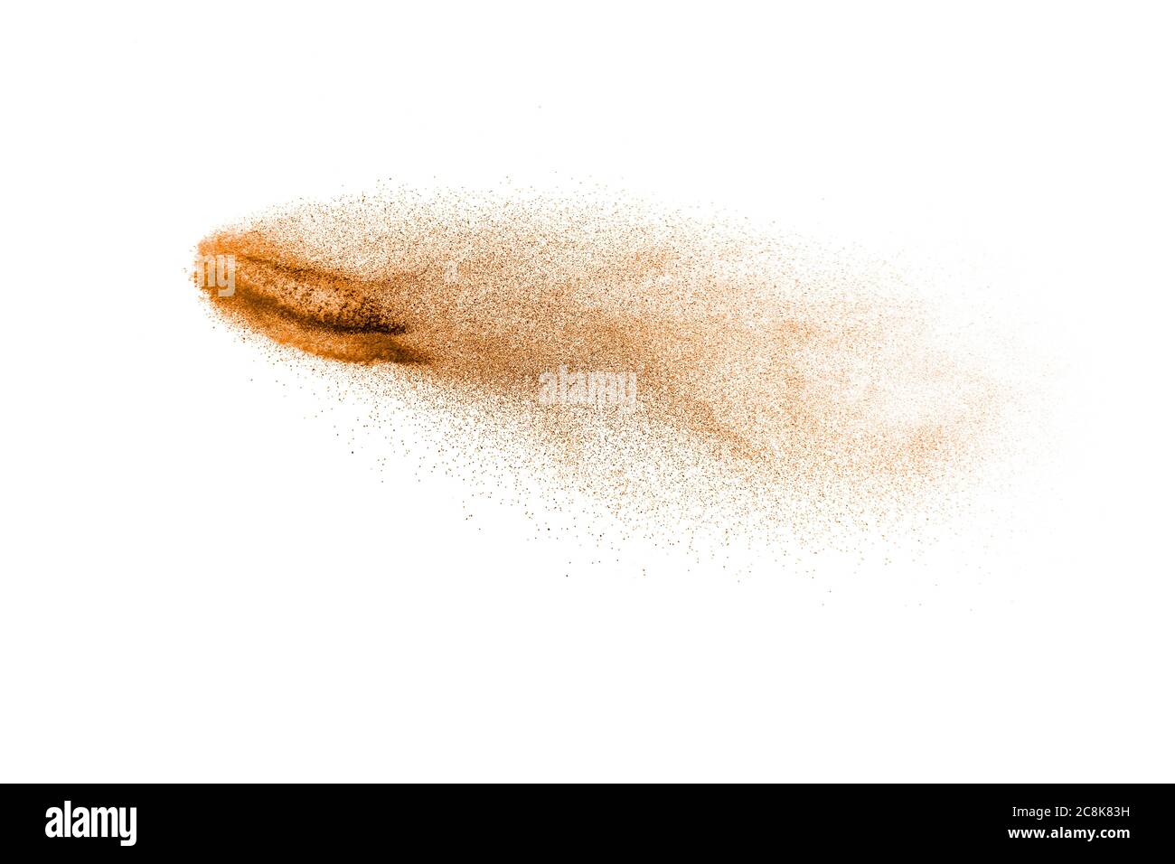 Brown dry river sand explosion isolated on white background. Abstract ...