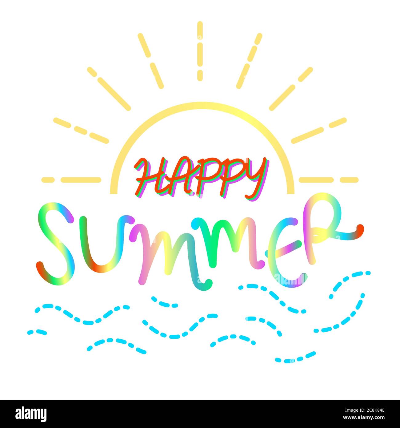 Happy summer colorful handwritten with sun and wave on white background ...