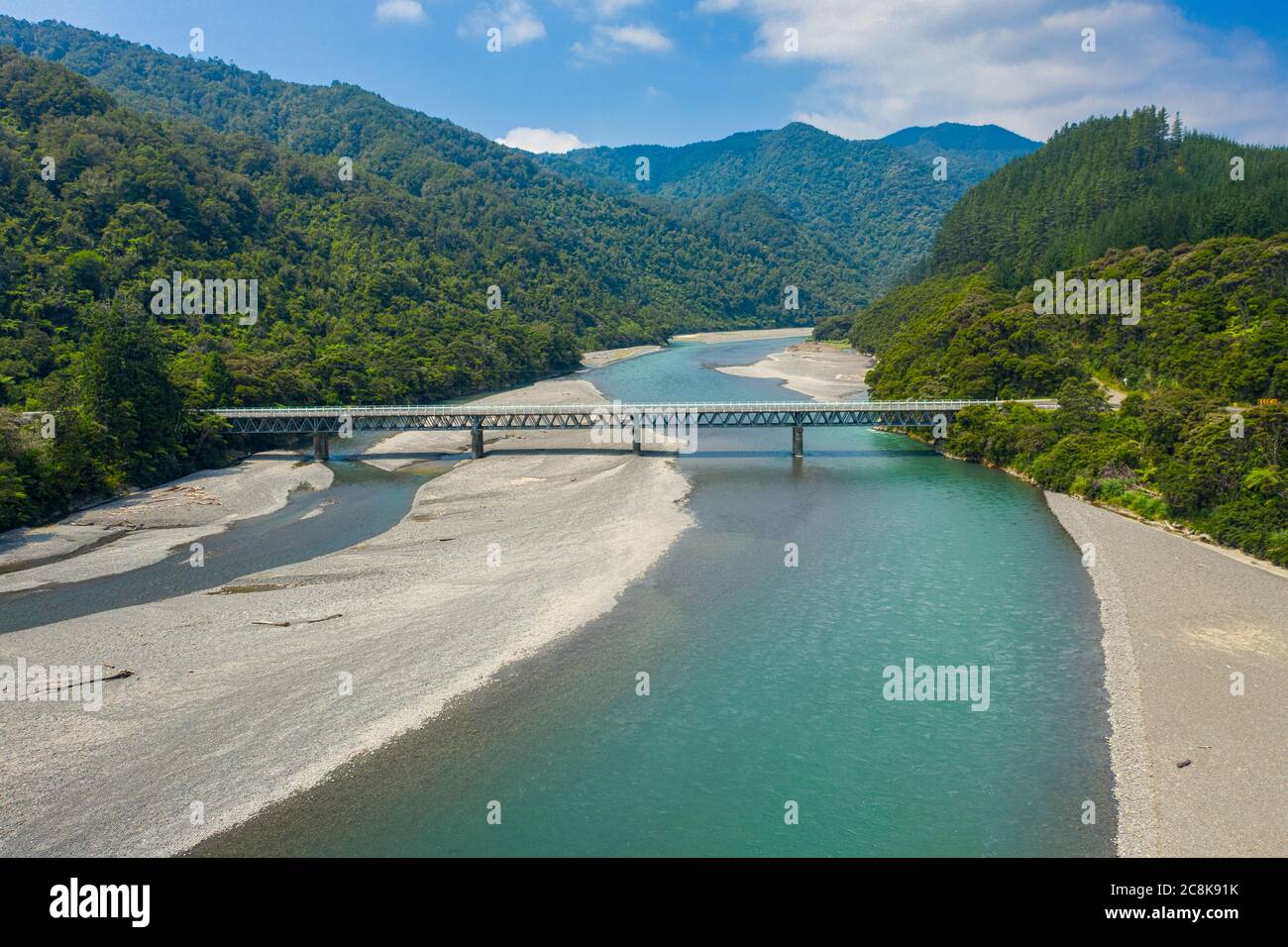 An aerial view of Pacific Coast Highway 35 bridge over the Motu River ...