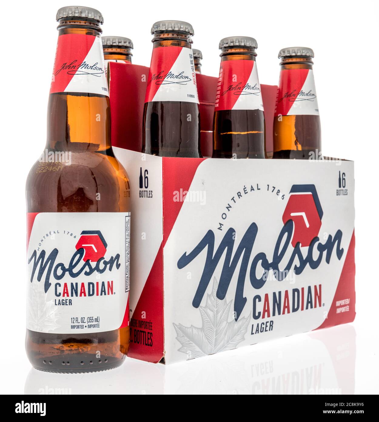 Winneconne, WI - 12 July 2020: A six pack of Molson Canadian lager beer on an isolated ...