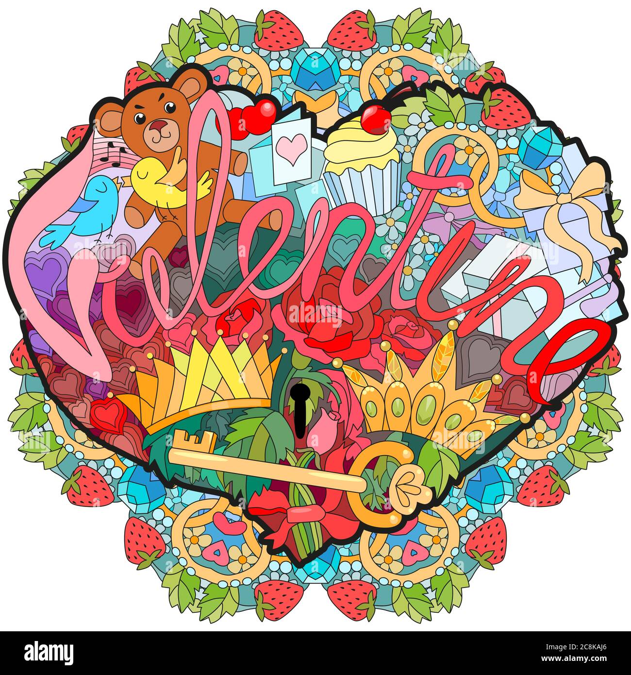 Sketchy Doodle Heart Illustration with word VALENTINE with mandala ...