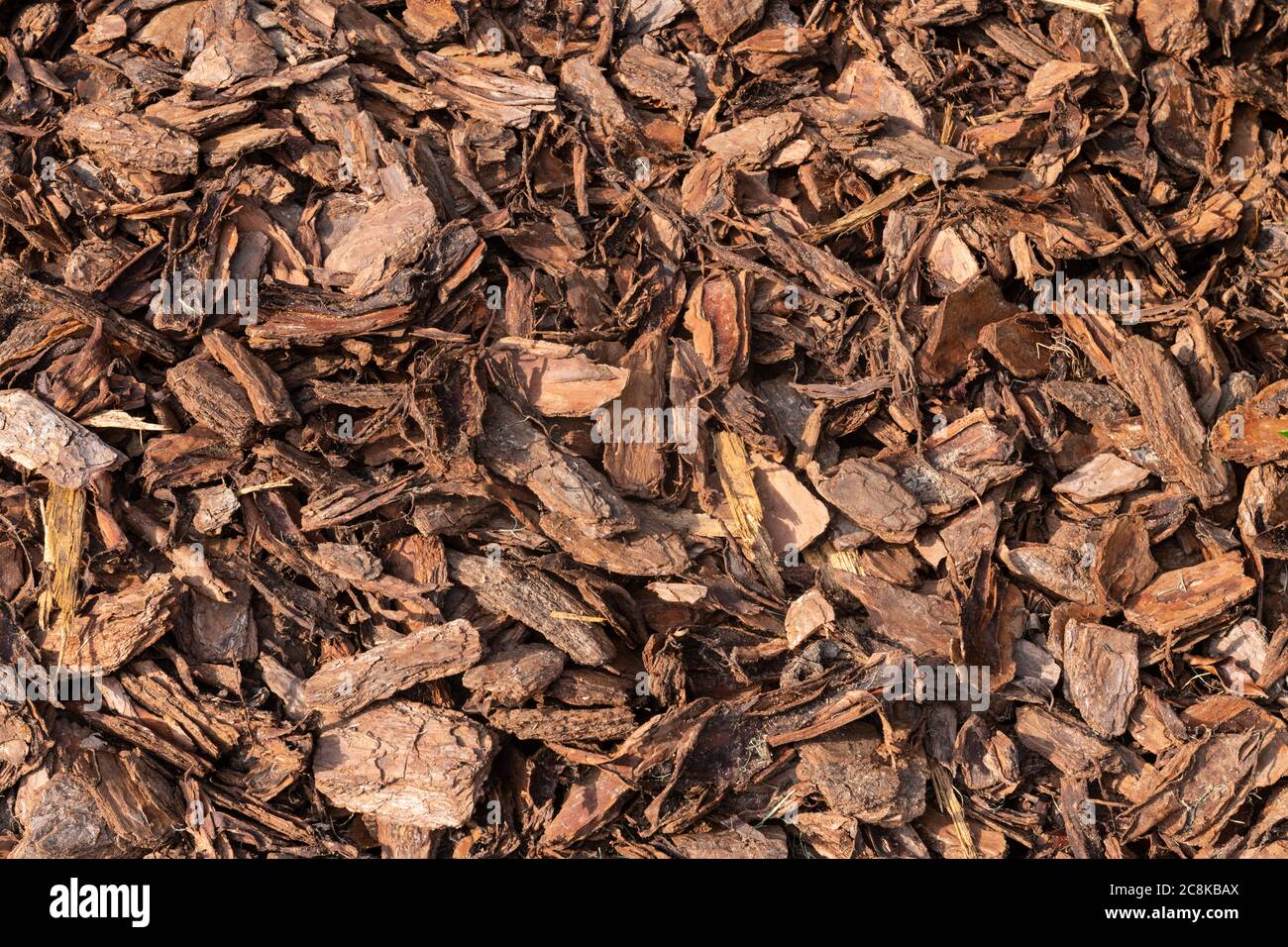 A pine bark mulch background shot in the afternoon sun Stock Photo - Alamy