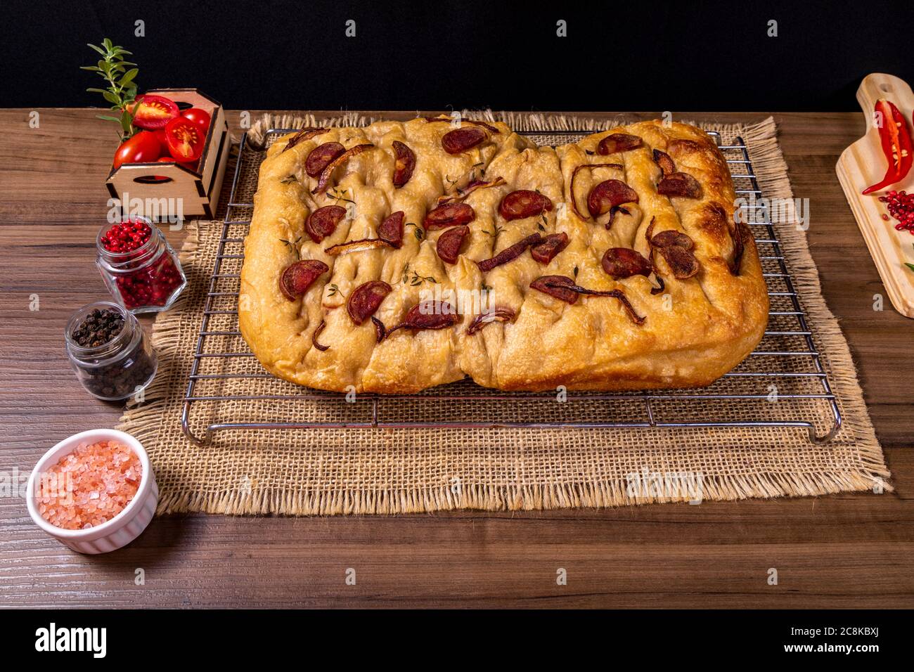 Traditional Italian Focaccia with pepperoni, cherry tomatoes, black ...