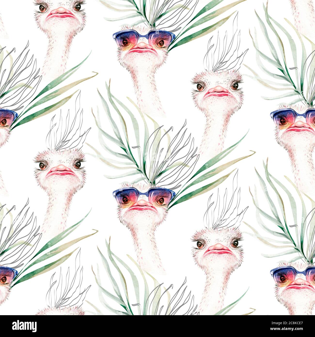 Watercolor floral pattern with ostrich baby nursery natural leaves ...