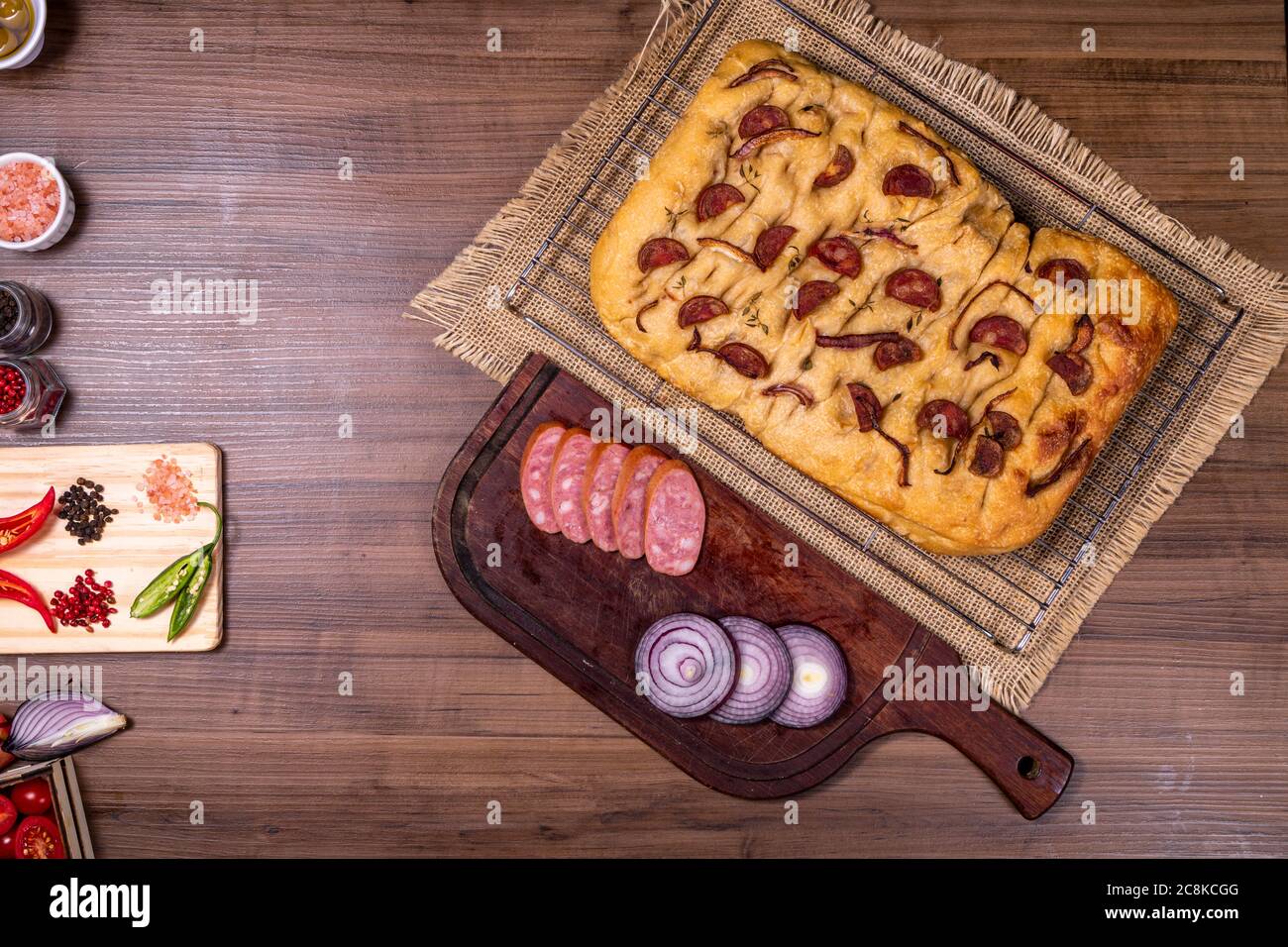 Traditional Italian Focaccia with pepperoni, cherry tomatoes, black ...