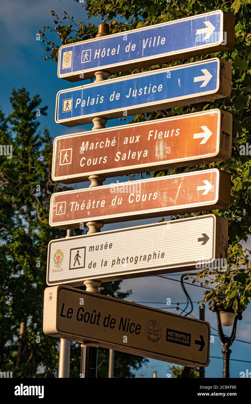 Direction signs in the city of Nice - CITY OF NICE, FRANCE - JULY 10 ...