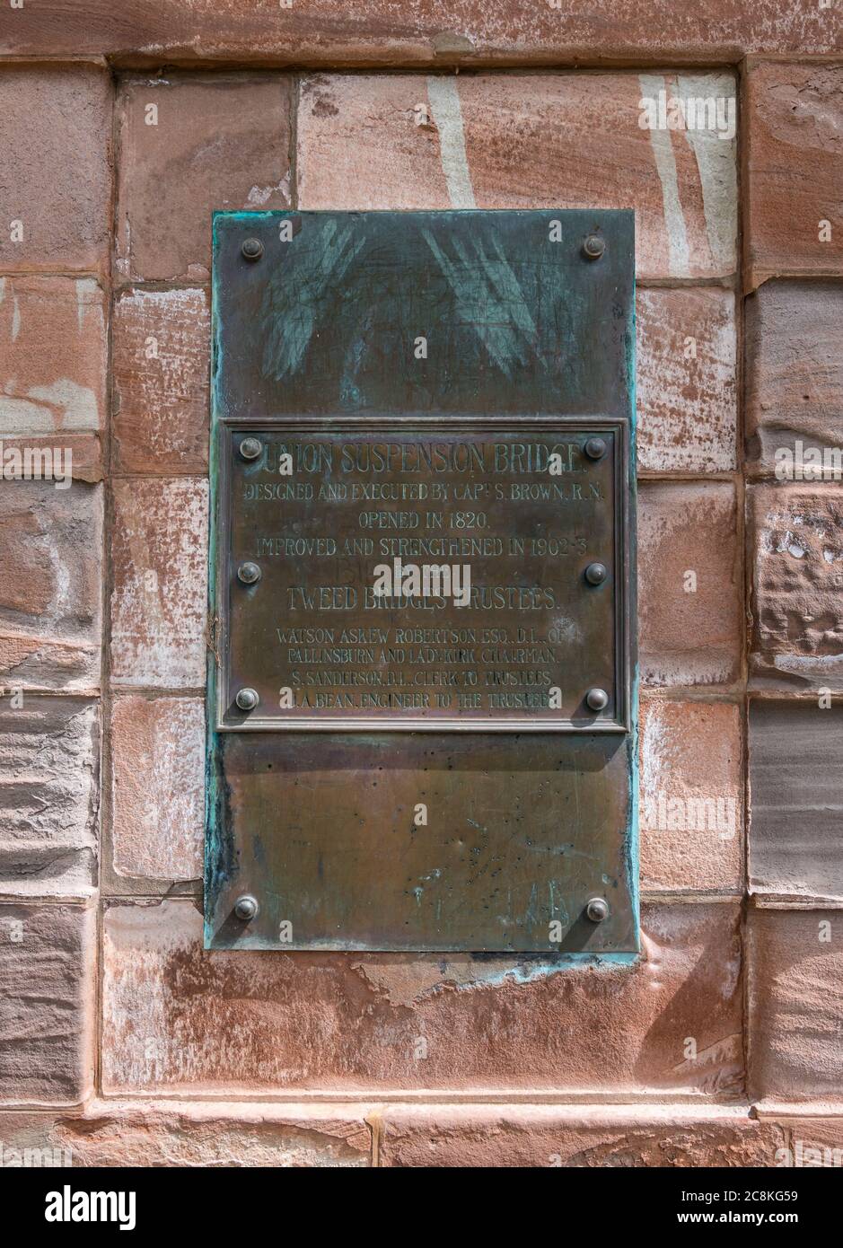 Plaque at Union Suspension Bridge, old wrought iron chain bridge ...