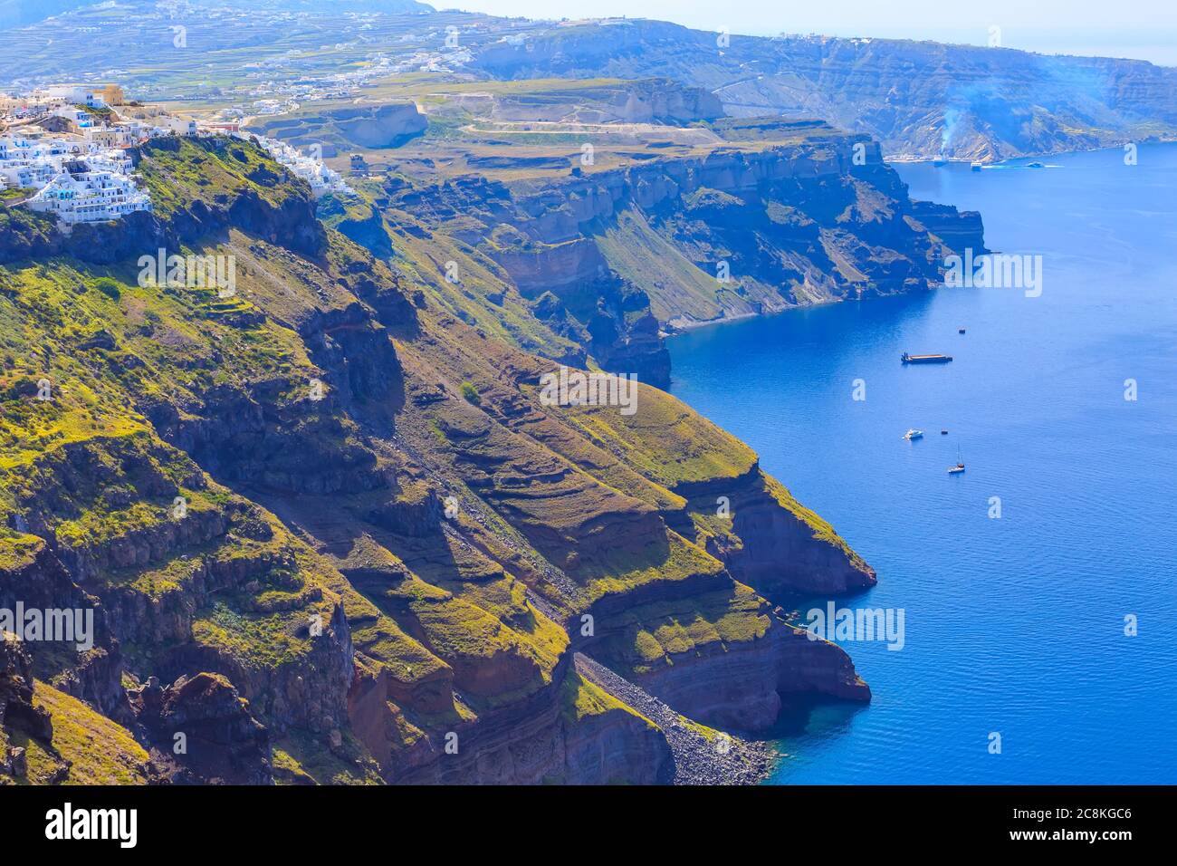 Santorini town Fira, Greece panorama with white houses and high ...