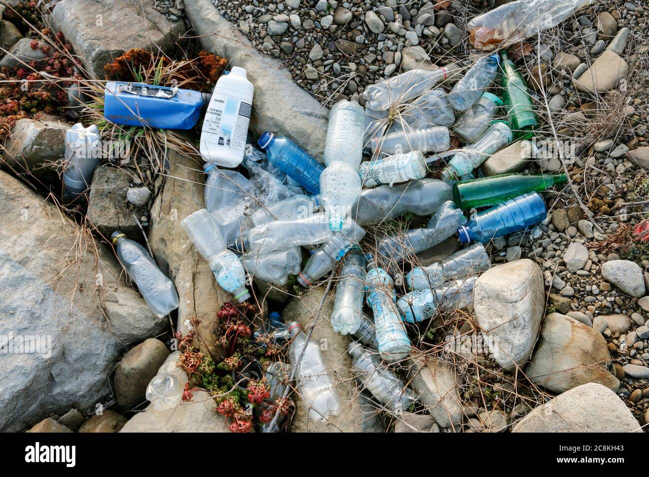 A beach littered with plastic bottles, Myślenice, Poland Stock Photo ...